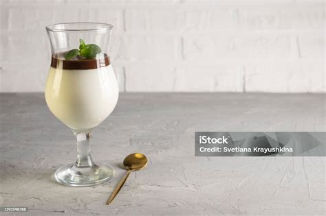 이탈리아 디저트 판나 코타 는 초콜릿 소스와 신선한 민트를 넣은 화이트 플레이트에 흰색 접시에 담겨 밝은 회색 배경에 복사