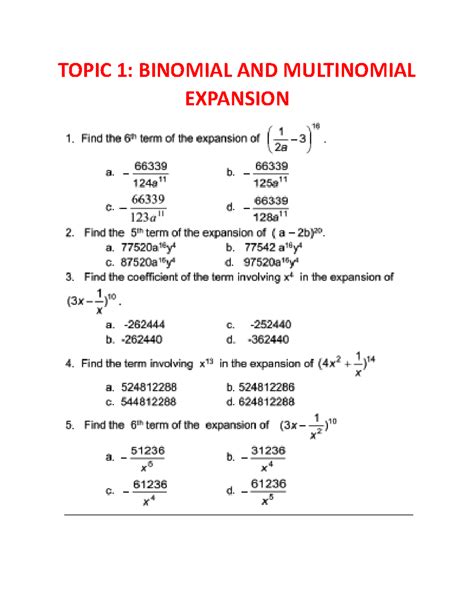 Topic 1 Binomial And Multinomial Expansion Civil Engineering TOPIC 1 BINOMIAL AND
