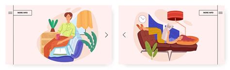 책 방문 페이지 디자인 웹 사이트 배너 벡터 템플릿 세트를 읽습니다 사람들은 휴식을 취하고 집에서 독서를 즐기고 있습니다 가정 생활에 대한 스톡 벡터 아트 및 기타 이미지