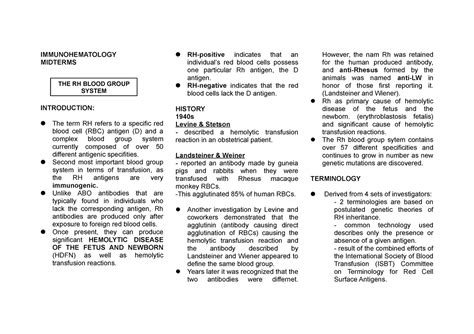 Midterms IH LEC IH Lec IMMUNOHEMATOLOGY MIDTERMS INTRODUCTION The Term RH Refers To A Studocu
