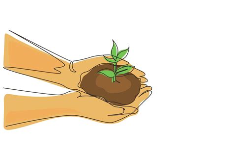 Single Continuous Line Drawing Hand Holding Sprout Wilde Pine Tree In Nature Green Forest Earth