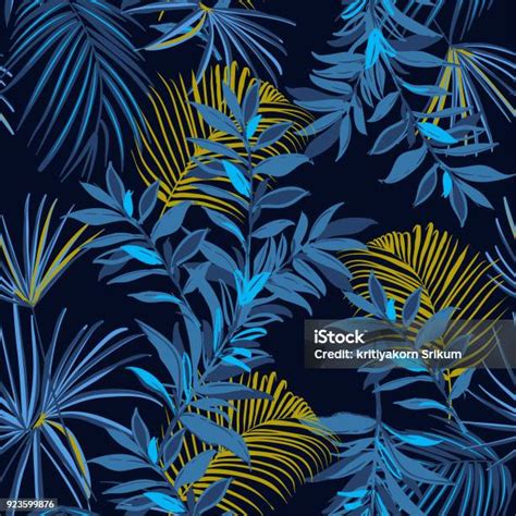아름 다운 여름 밤 완벽 한 모노톤 파란색과 노란색 열 대 패턴입니다 잎 팜 트리 그림 현대 그래픽입니다 이국적인 숲 0명에 대한 스톡 벡터 아트 및 기타 이미지 Istock