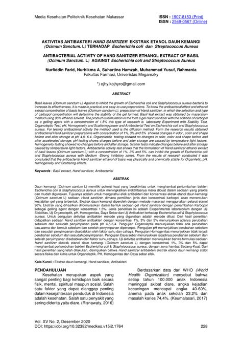Pdf Formulation And Antibacterial Activity Test Of Hand Sanitizer Ethanol Extract Of Basil