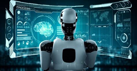 Thinking Ai Hominoid Robot Analyzing Hologram Screen Showing Concept