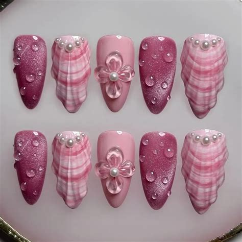 Cyflymder Pink 3d Shell Nail Art Flowers Pressons Tips Cat Eye Seashel