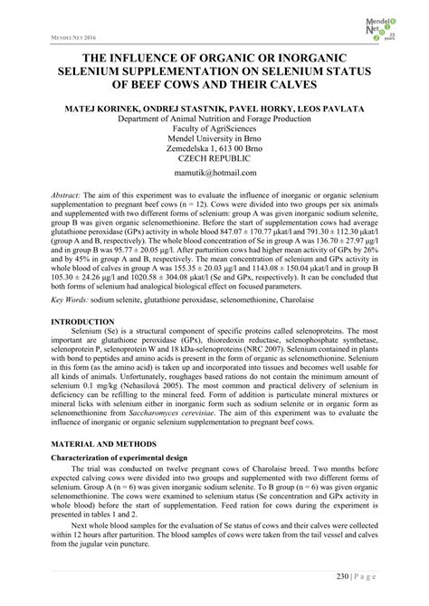 Pdf The Influence Of Organic Or Inorganic Selenium Supplementation On