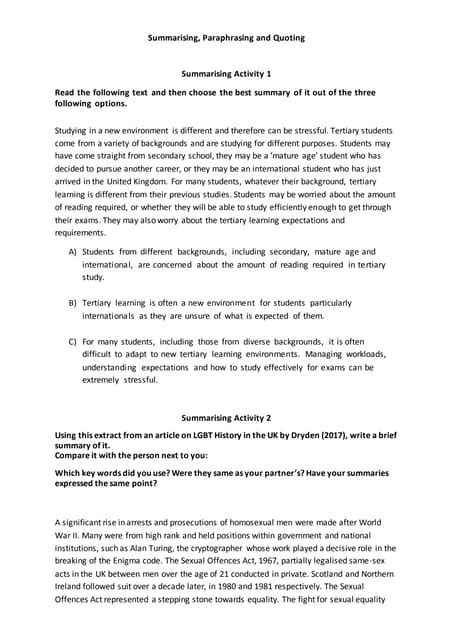 Summarising Paraphrasing And Quoting Worksheet Lgbtq Version Pdf