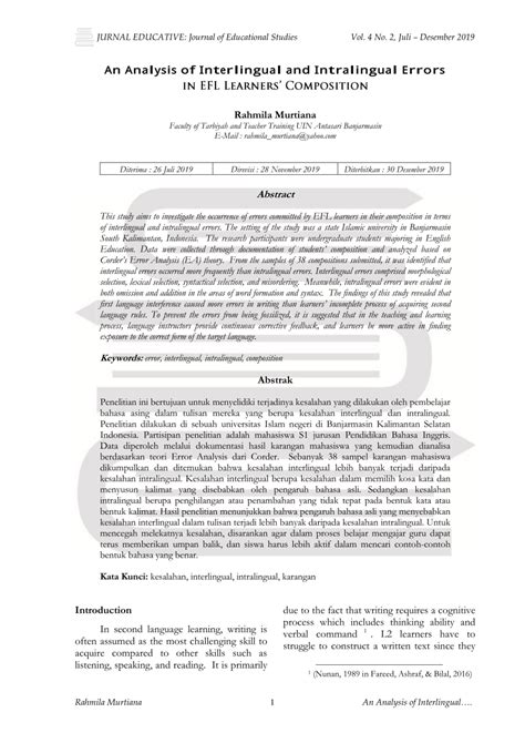 Pdf An Analysis Of Interlingual And Intralingual Errors In Efl Learners Composition