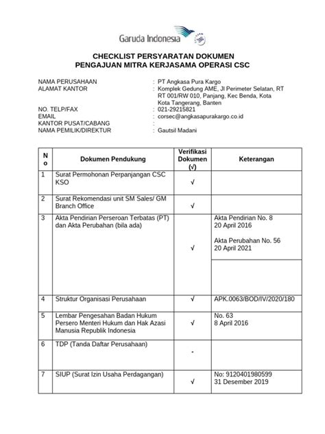 Form Checklist Dokumen Perpanjangan Csc Kso Pdf