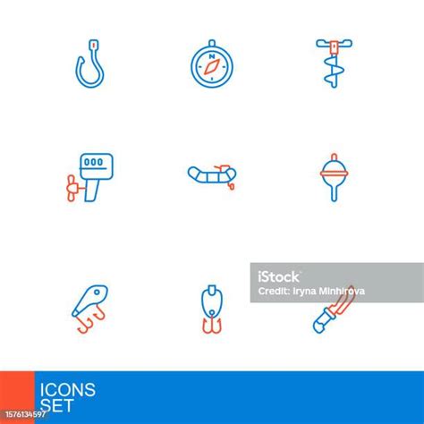 세트 라인 나이프 낚시 미끼 플로트 선외 보트 모터 풍선 핸드 아이스 드릴 및 나침반 아이콘 벡터 0명에 대한 스톡 벡터 아트 및 기타 이미지 Istock