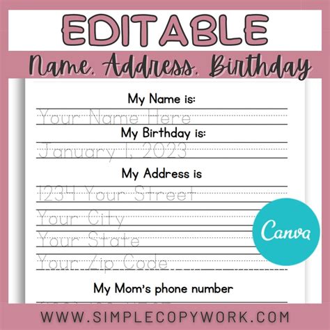 Editable Learn My Name My Address My Birthday Tracing Worksheet In