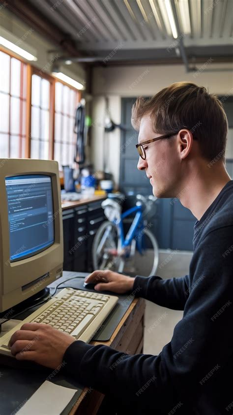side view of caucasian male software engineer programming on old