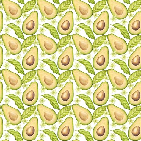 Premium Photo | Seamless pattern avocado fruit half with seed green leaves flowers Vegetable ...