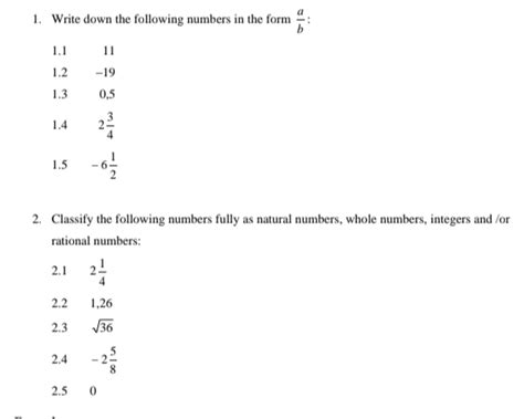 solved 1 write down the following numbers in the form a b 2 classify the following numbers fu