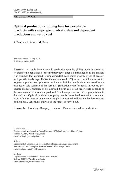 Pdf Optimal Production Stopping Time For Perishable Products With Ramp Type Quadratic Demand