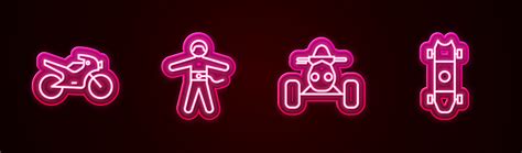 세트 라인 오토바이 번지 점프 Atv 오토바이 및 롱 보드 스케이트 보드 빛나는 네온 아이콘입니다 벡터 교통수단에 대한 스톡 벡터 아트 및 기타 이미지 Istock