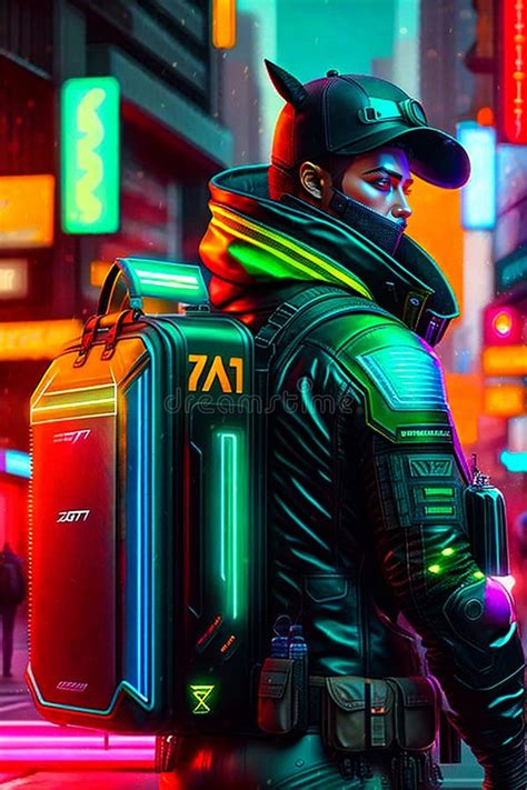 Cool Cyberpunk Hacker Wearing Futuristic Tactical Outfit On The Dystopian Streets Neon City