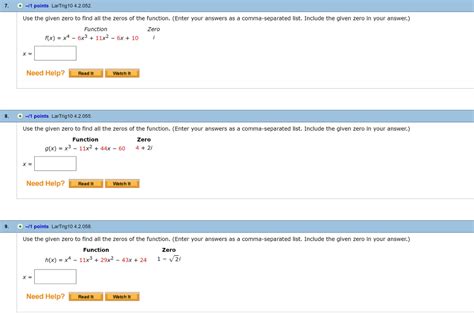 solved 7 。 11 points lartrig10 42 052 use the given zero to