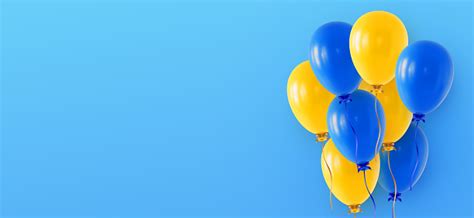파란색과 노란색 헬륨 풍선이있는 웹 배너 또는 인사말 카드 디자인 템플릿과 밝은 파란색 배경의 왼쪽에 빈 복사 공간 사실적인 3d 벡터 일러스트 레이 션 3차원 형태에 대한