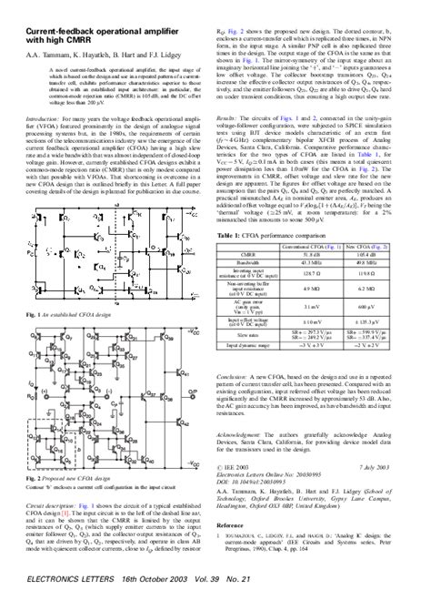 Pdf Current Feedback Operational Amplifier With High Cmrr