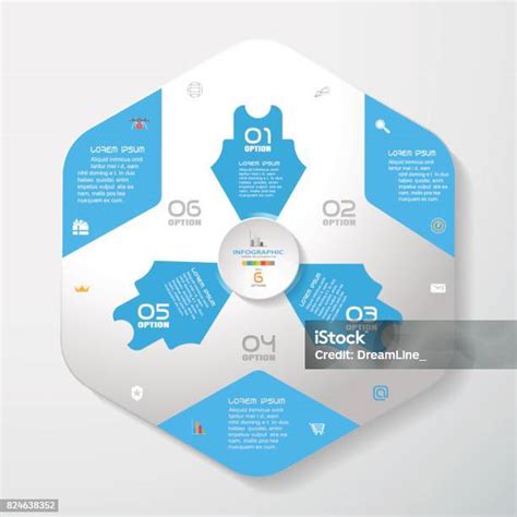 벡터 Infographic 그라데이션 회색 볼록 6 각형 형태의 블루 코너와 화살표 오목 원형 그라데이션 회색 배경에 그림자 텍스트와 아이콘 종이에서 잘라 0명에 대한 스톡