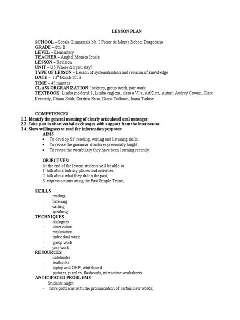 Lesson Plan 6th Grade Revision Pdf Vocabulary Linguistics