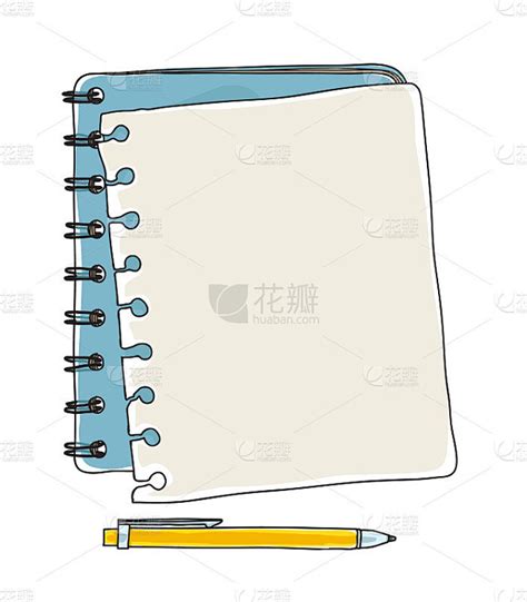 笔记本笔记纸和黄色钢笔手绘矢量艺术插图