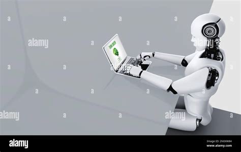 Robot Using Modish Software Application On The Computer Showing Ai