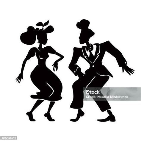 스윙 댄스 커플 블랙 실루엣 벡터 일러스트 록 앤 롤 포즈를 취한 구식 사람들 상업 애니메이션 인쇄를위한 로커빌리 스타일의 여성과 남자 2d 만화 캐릭터 모양 가공의 인물에