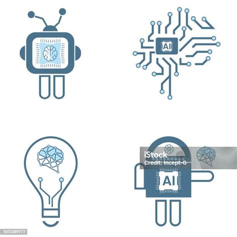 4개의 인공 지능 라인 아이콘 4개의 기술 기호 개념 및 9개의 사이버네틱 아이콘 Ai 기술 벡터 일러스트레이션 디자인 그룹