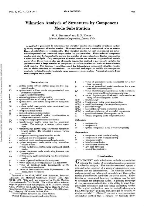 Pdf Vibration Analysis Of Structures By Component Mode Substitution