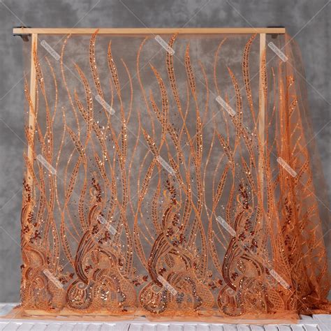 Bead Sequin Embroidery Plant Pattern Tangerine Fabric OneYard