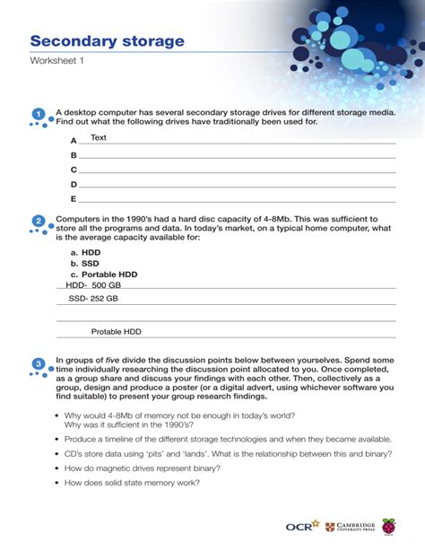 Secondary Storage Worksheet Computer Hardware