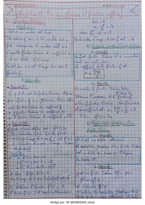 Solution Fonction Lineaire Et Fonction Affine Cours Manuscrit Mathematiques 3eme Annee College