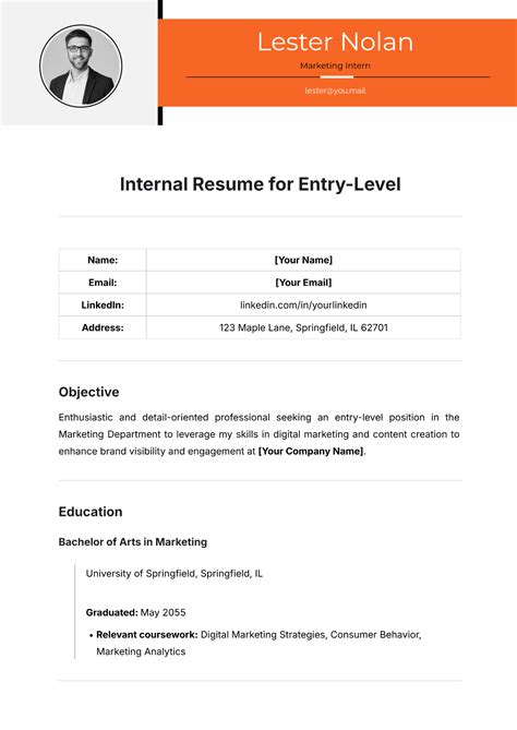 Free Internal Resume For Entry Level Template To Edit Online