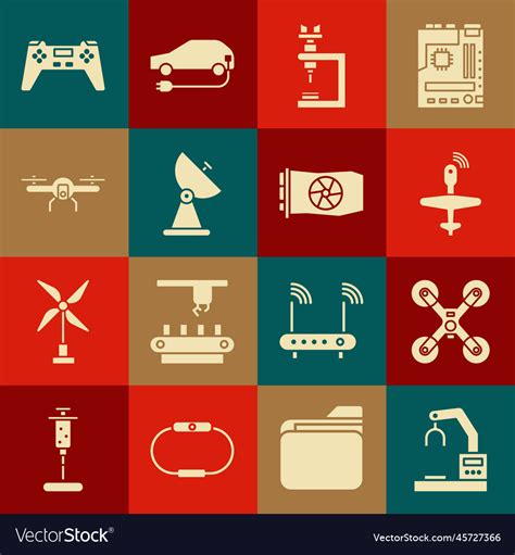 set robotic robot arm hand factory drone flying vector image