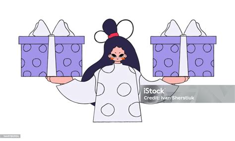 한 여성이 선물 상자를 들고 있다 휴일과 선물의 개념 90 년대 스타일의 캐릭터 귀여운에 대한 스톡 벡터 아트 및 기타 이미지 귀여운 낮 명랑한 Istock