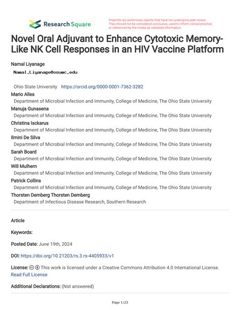 Pdf Novel Oral Adjuvant To Enhance Cytotoxic Memory Like Nk Cell Responses In An Hiv Vaccine