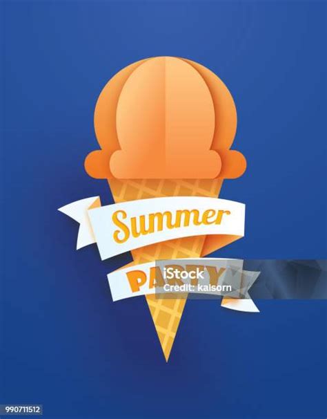 여름 파티 포스터 파란색 배경에 아이스크림 콘와 종이 예술과 공예 스타일 개념에 대한 스톡 벡터 아트 및 기타 이미지 개념 계절 공예 Istock