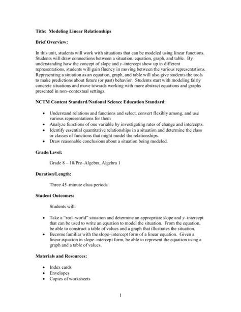 Modeling Linear Relationships Lesson Plan For 8th 10th Grade Lesson