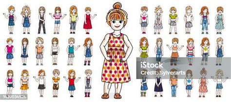 어린 소녀 아이들은 흰색 벡터 일러스트 큰 세트를 통해 고립 된 전신 길이에 행복하고 귀여운 서 아름다운 어린 아이 소녀 다양성 문자 드로잉의 큰 컬렉션 가공의 인물에 대한