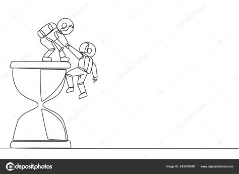 Continuous One Line Drawing Young Astronaut Helps Colleague Climb Big