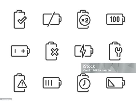 배터리 및 축전지 구성 벡터 라인 아이콘 윤곽선 아이콘 집합 100퍼센트에 대한 스톡 벡터 아트 및 기타 이미지 100퍼센트