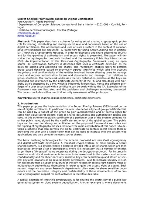 Pdf Secret Sharing Framework Based On Digital Certificates