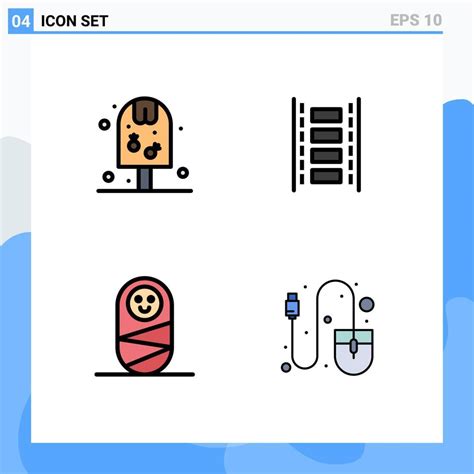 4 Universal Filledline Flat Color Signs Symbols Of Ice Human Food Film Reel Hardware Editable