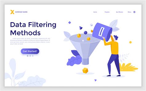 남자가 깔때기에 기하학적 모양을 쏟아 붓는 랜딩 페이지 템플릿입니다 원시 데이터 세트 필터링 및 정제 디지털 정보 필터링 파일