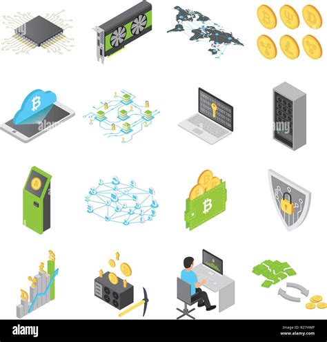 Blockchain Technology Icons Set Isometric Illustration Of 16