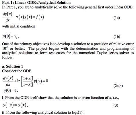 Solved Part 1 Linear Odesanalytical Solution In Part 1