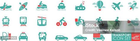 차량 자동차 보트 비행기 자전거 버스 기차 트럭 지하철 등을 포함하는 솔리드 스타일로 설정된 교통 아이콘 경위의에 대한 스톡 벡터 아트 및 기타 이미지 Istock