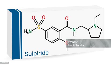 설피라이드 분자 급성 및 만성 정신 분열증의 치료를위한 항 정신병 약물 신경 Leptic 약물입니다 골격 화학 포뮬러 의약품용 용지 포장 건강관리와 의술에 대한 스톡 벡터